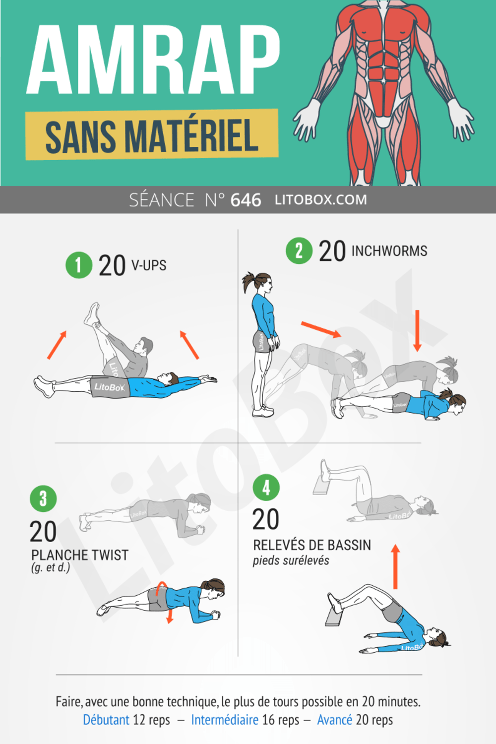 AMRAP sans matériel : 20 minutes d'entrainement à la maison #646